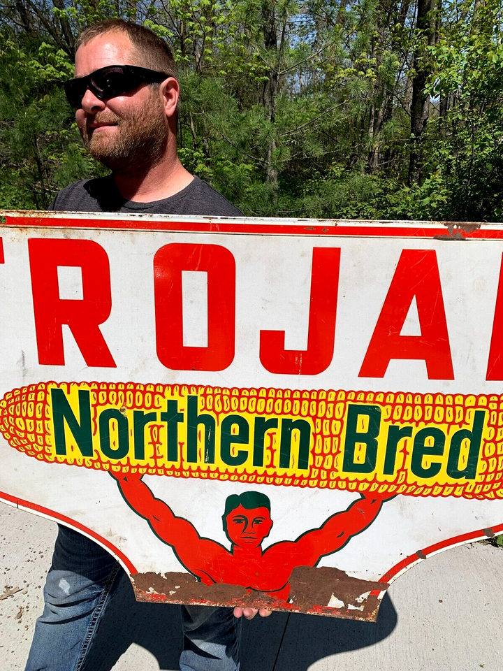 Vintage Lg 48 inch Trojan Farm Seed Corn Feed metal Sign corn and guy ...