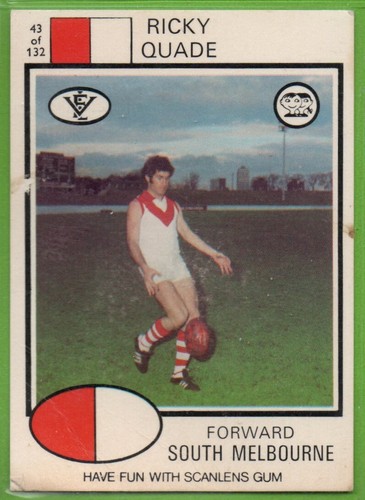 1975 AFL VFL SCANLENS CARD - 43 Ricky QUADE (SOUTH MELBOURNE) WHITE ...
