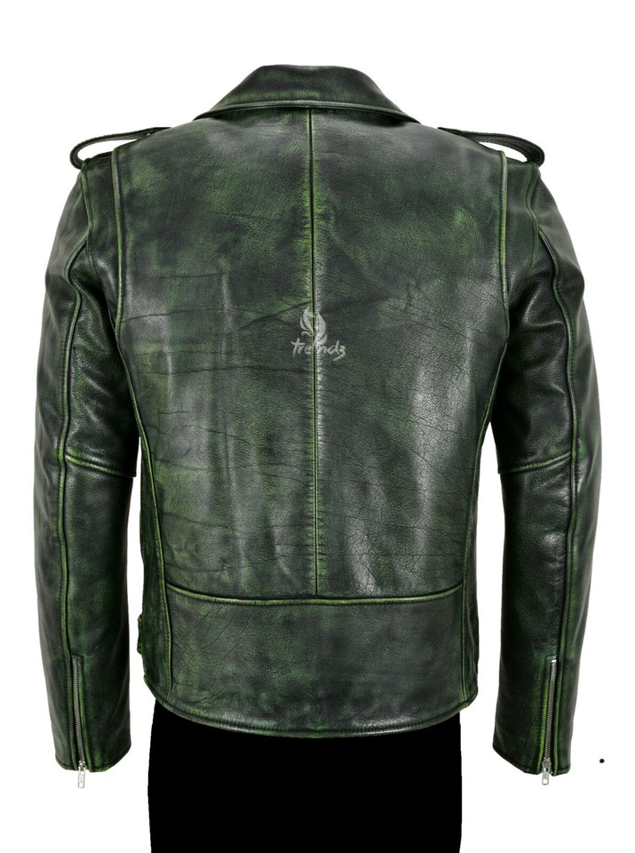 Men's Real Leather Riding Jacket Green Vintage Thick Cowhide Brando ...