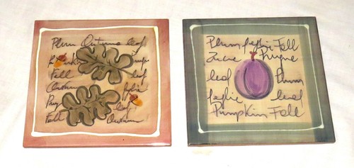 Crate & Barrel Italy TWO 8 inch Square Ceramic Trivets - Plum & Leaves ...