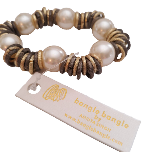 Amrita Singh Faux Pearl Stretch Bracelet Gunmetal Gold Metal Textured ...