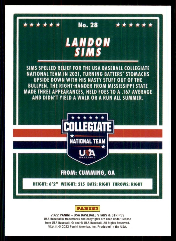 2022 Panini USA Stars & Stripes Landon Sims Rookie #28 Baseball (2021 ...