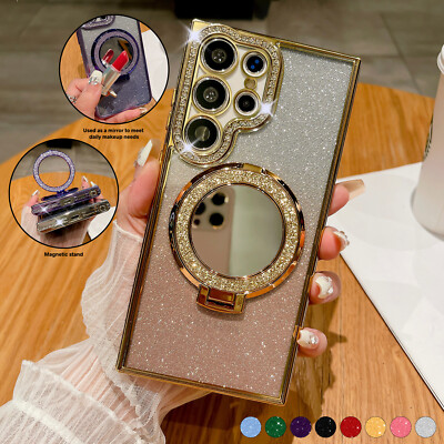 Bling Diamond Mag Safe Ring Stand Case Mirror For Samsung S24 Ultra S23 ...