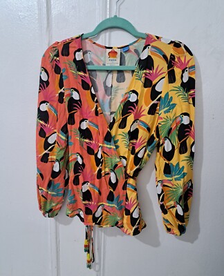 Farm Rio Womens Small TOUCAN BIRD Wrap Tie Top Yellow Blouse Puffer ...