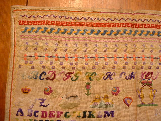 Wonderful 19ThC Needlepoint Sampler Dated 1877 W/Dog Birds Flowers Cat ...