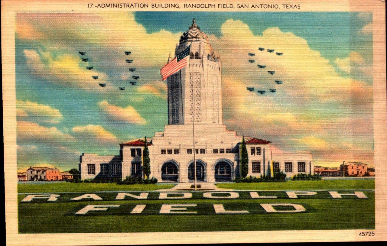 LINEN POSTCARD ADMINISTRATION BUILDING, RANDOLPH FIELD, SAN ANTONIO ...