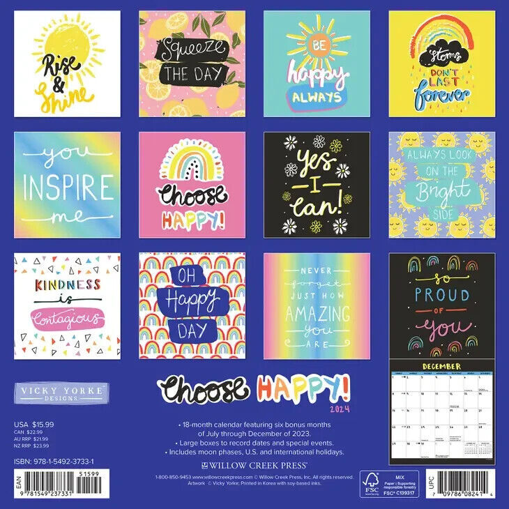 Willow Creek Choose Happy! By Vicky Yorke 2024 12 x 12 Wall Calendar w ...