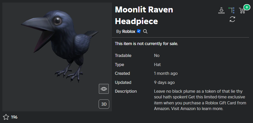 Roblox Moonlit Raven Headpiece & 800 Robux (Sent FAST in eBay Messages ...