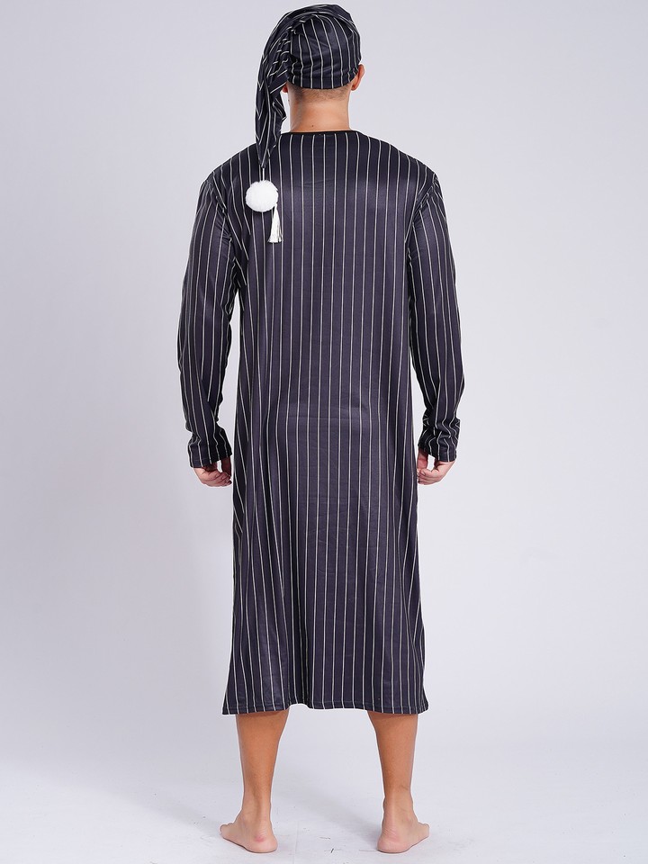 US Men's Striped Henley Sleep Shirt Long Sleeve Nightshirt with Hats ...