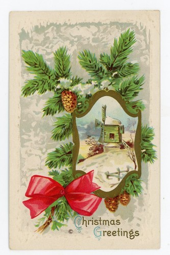Vintage Postcard Holidays Christmas Windmill Pinecones Embossed ...