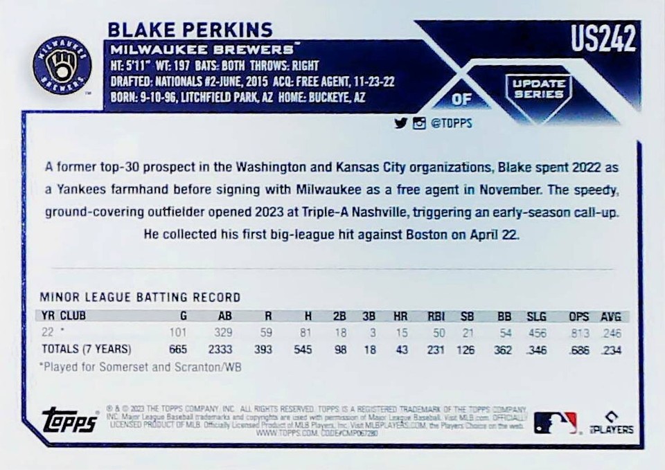 2023 Topps Update US242 BLAKE PERKINS ROOKIE CARD MILWAUKEE BREWERS ...