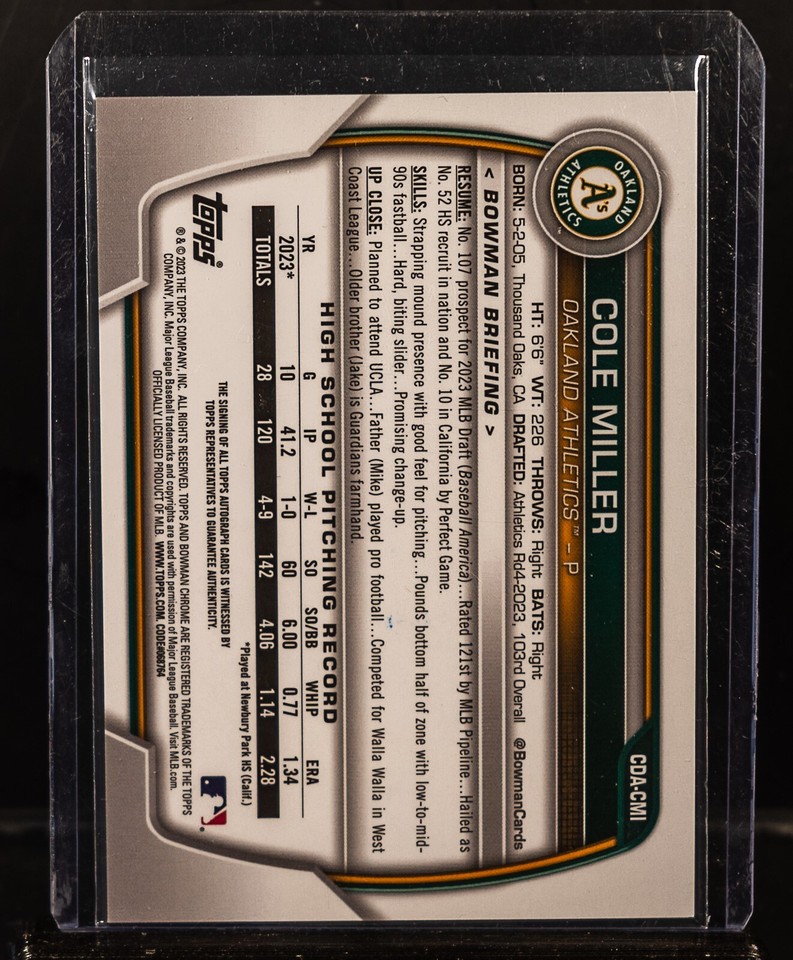 Cole Miller 2023 Bowman Chrome Draft Prospect Rookie RC Auto Athletics ...