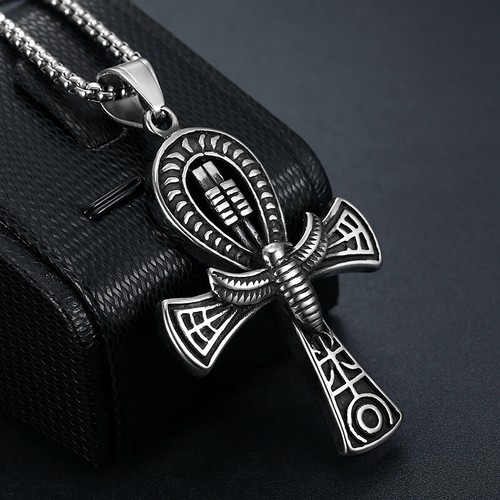 Mens Ankh Cross Key of Life Pendant Necklace Egyptian Jewelry Silver ...