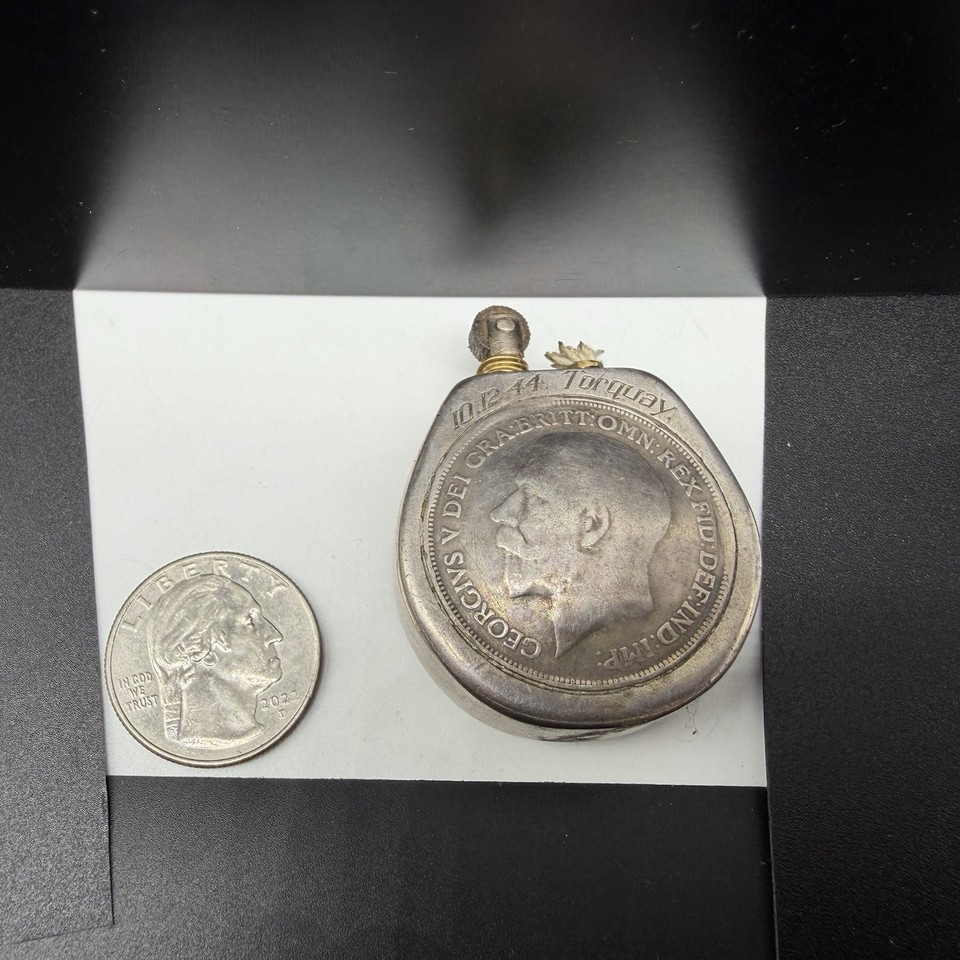 WWII Trench Art Lighter w/ (2) 90% Silver Britt Coins Torquay 10-12-44 ...