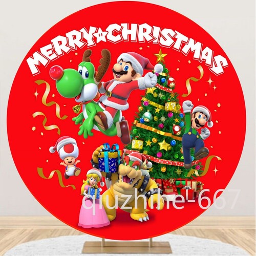 Round Super Mario Merry Christmas Tree Photo Backdrop Banner Background ...