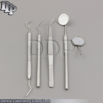 4Pcs Dental Examination Kit Basic Hygiene Tweezer Mirror Explorer ...