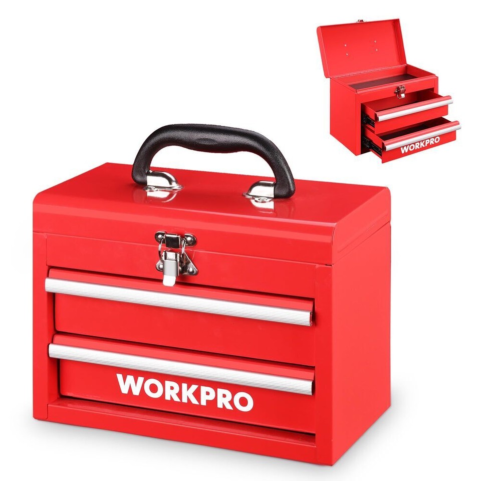 WORKPRO Portable Mini Tool Box 2 Drawers Metal Tool Chest Ball Bearing ...