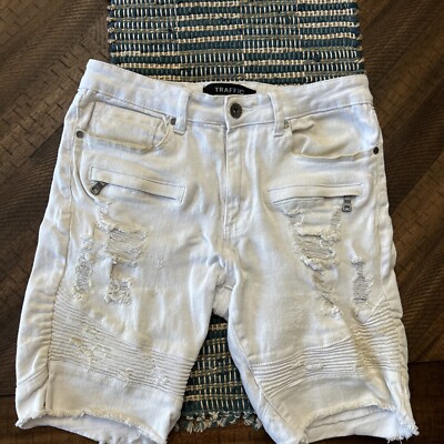 Jean Shorts Mens 32 Ripped Cut Off White Denim Stretch Jorts Traffic ...
