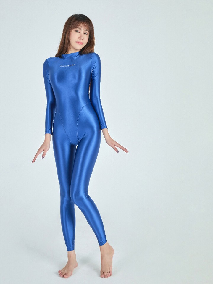 AMORESY Women Sexy Shiny Oil Jumpsuit One-Piece Long Sleeve Zipper Yoga ...