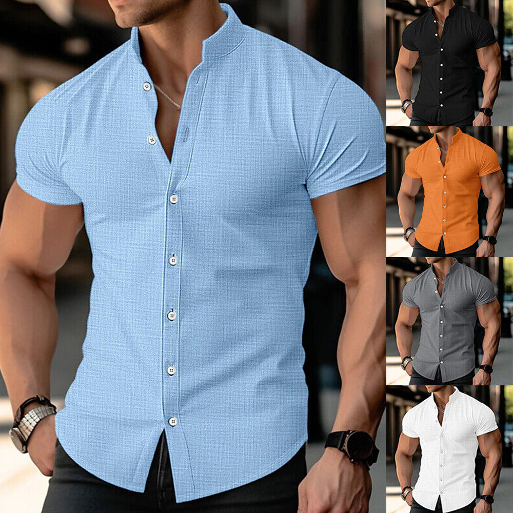 Mens Summer Button Up Shirts Solid Short Sleeve Casual Formal Work Tops ...