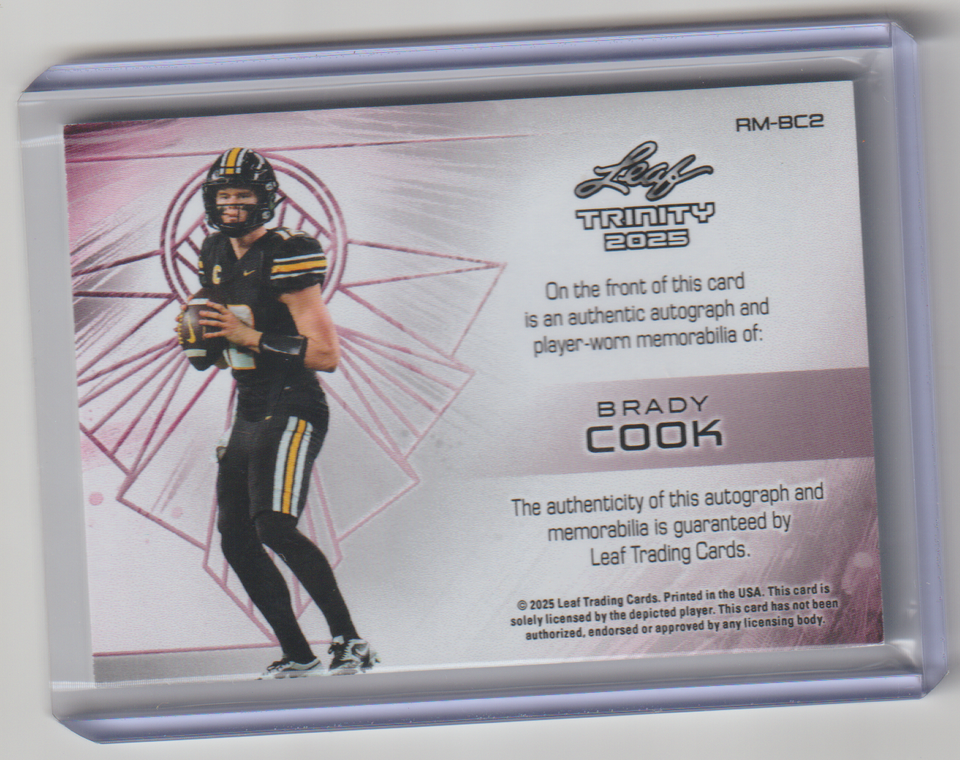 2025 Leaf Trinity Football #RM-BC2 Brady Cook Rookie Auto Memorabilia ...