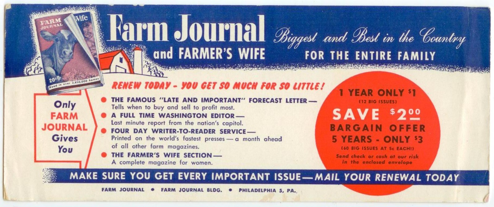 c1940 Farm Journal and Farmer's Wife Magazines subscription ad blotter ...