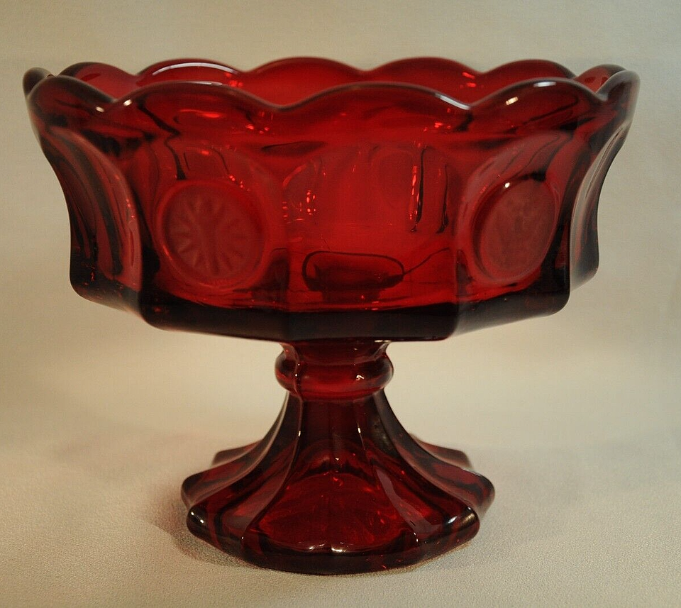 Vintage Fostoria Glass Ruby Red Coin Scalloped Fruit Bowl Compote Candy ...