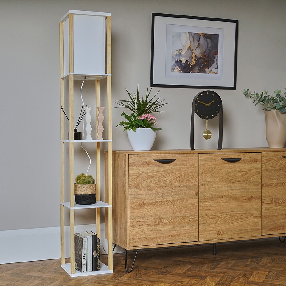 Floor Lamp Shelves Standard Shelf Storage Wooden Standing Living Room ...