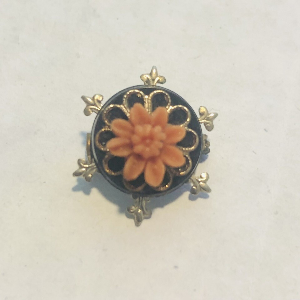 Vintage 3D Plastic Single Pink Flower Very Small Brooch Black Gold Tone ...