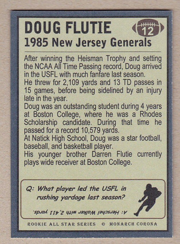Doug Flutie '85 New Jersey Generals USFL Rookie All Star #12 / NM+ cond ...