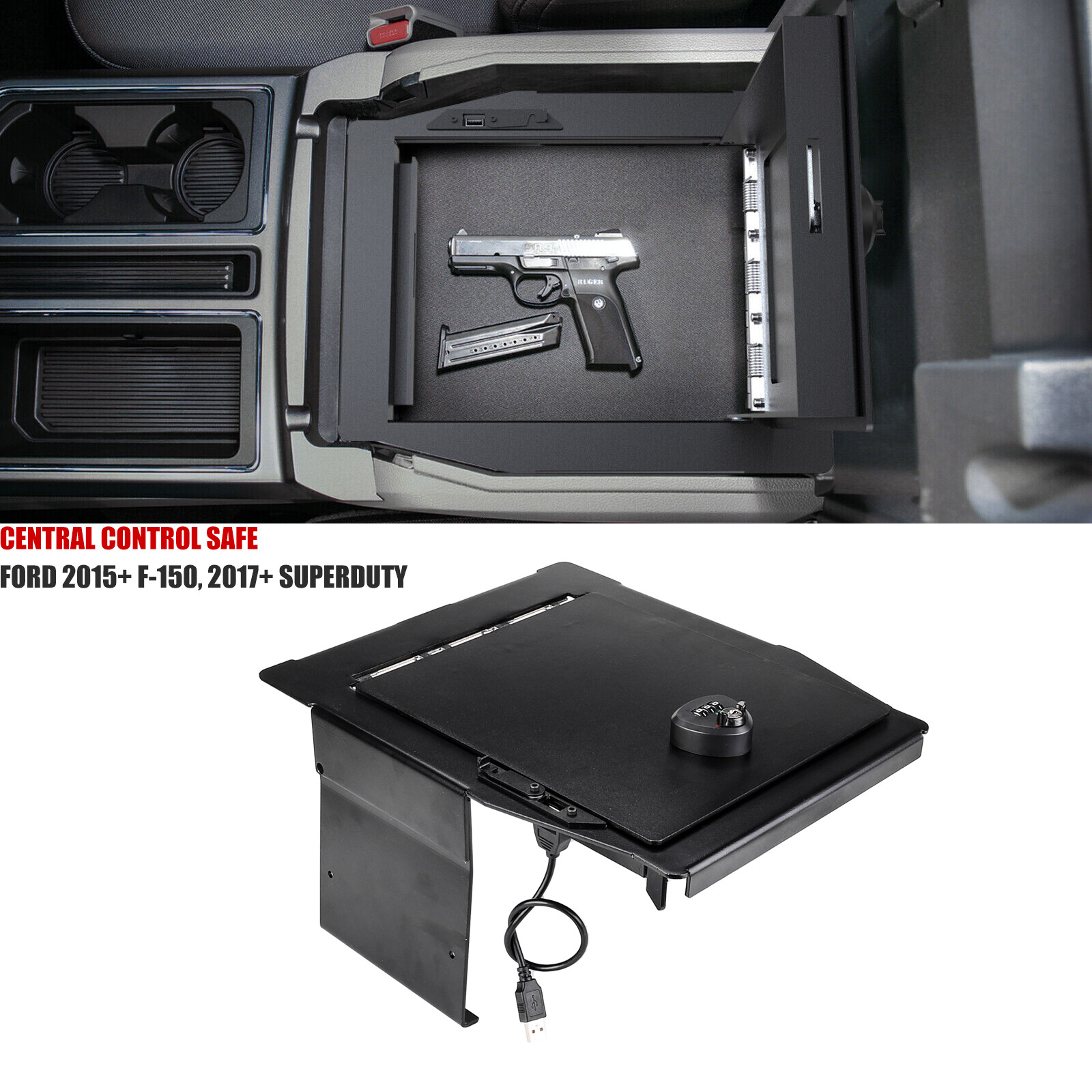 Center Console Safe Vault STORAGE For Ford 15-20 F150 17-21 F250 F350 ...