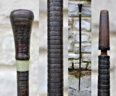 Antique 1800's cane STACKED LEATHER ball swagger stick metal 34.5 ...