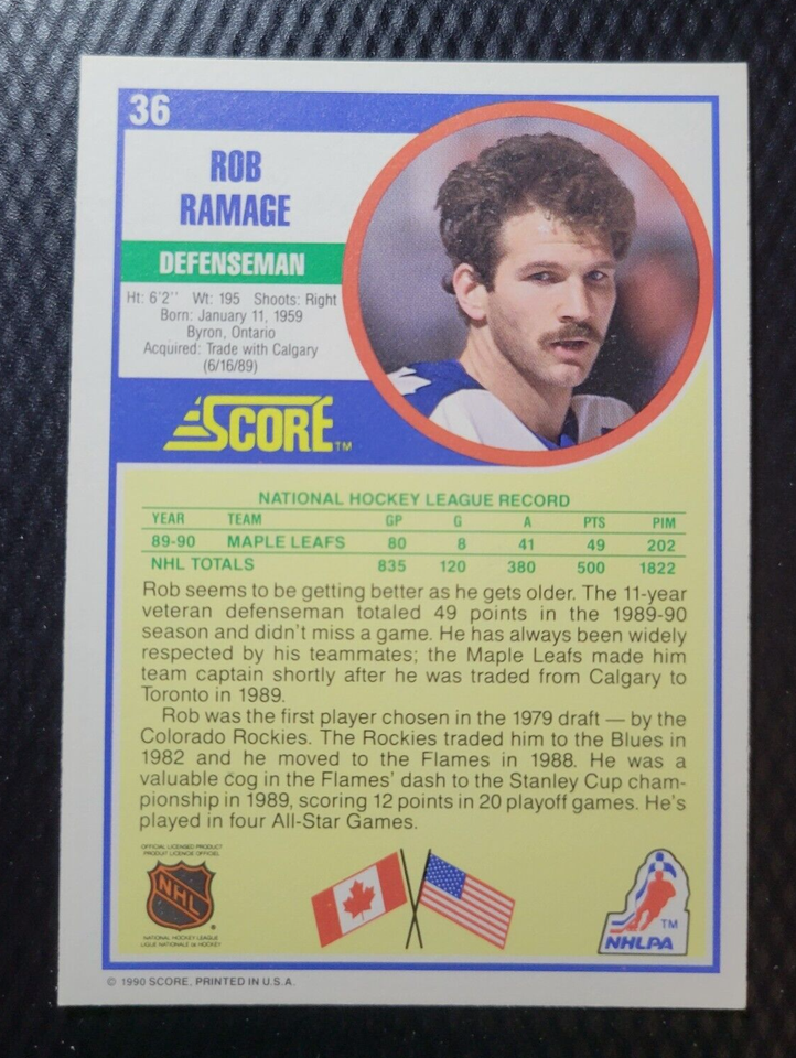 1990-91 Score American ROB RAMAGE Toronto Maple Leafs Hockey NHL Card ...