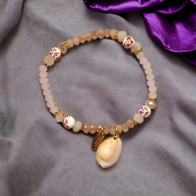 Handmade Pink Crystal Shell Beaded Stretch Bracelet | eBay