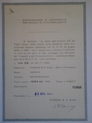 Déclaration De Conformité' Vespa 125 Avril 1964 (aa19-1-8) | eBay