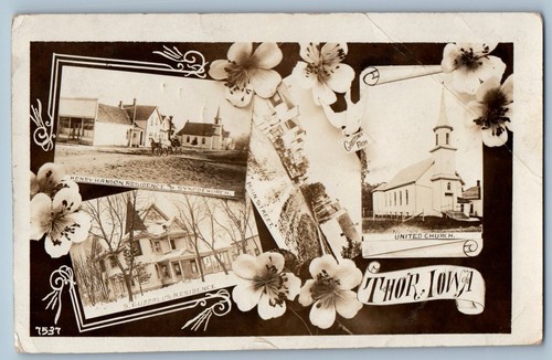 Thor Iowa IA Postcard RPPC Photo Greetings Churches Flowers Multiview ...