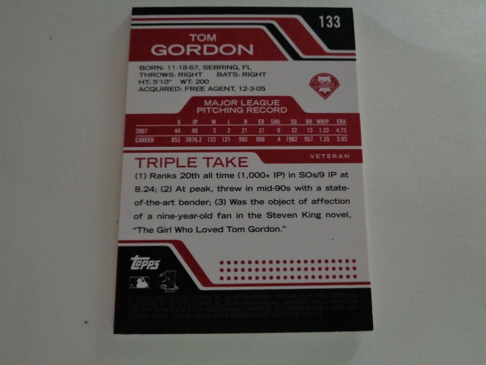 2008 Topps Triple Threads Tom Gordon Card #133 Serial #780/1350 | eBay