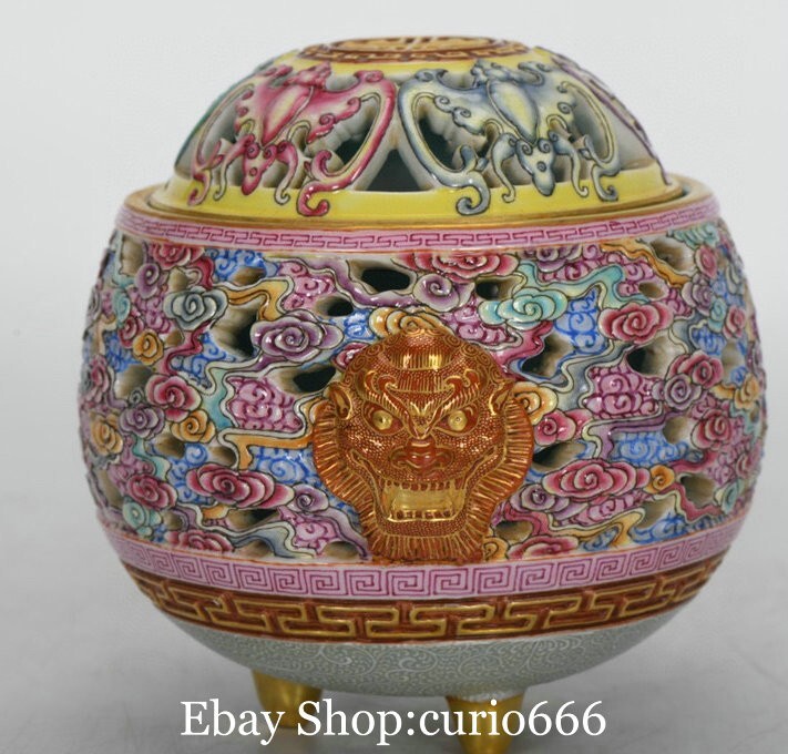 5'' Qianlong Marked Colour Enamel Porcelain Gold Flower Bat Lion Leo ...