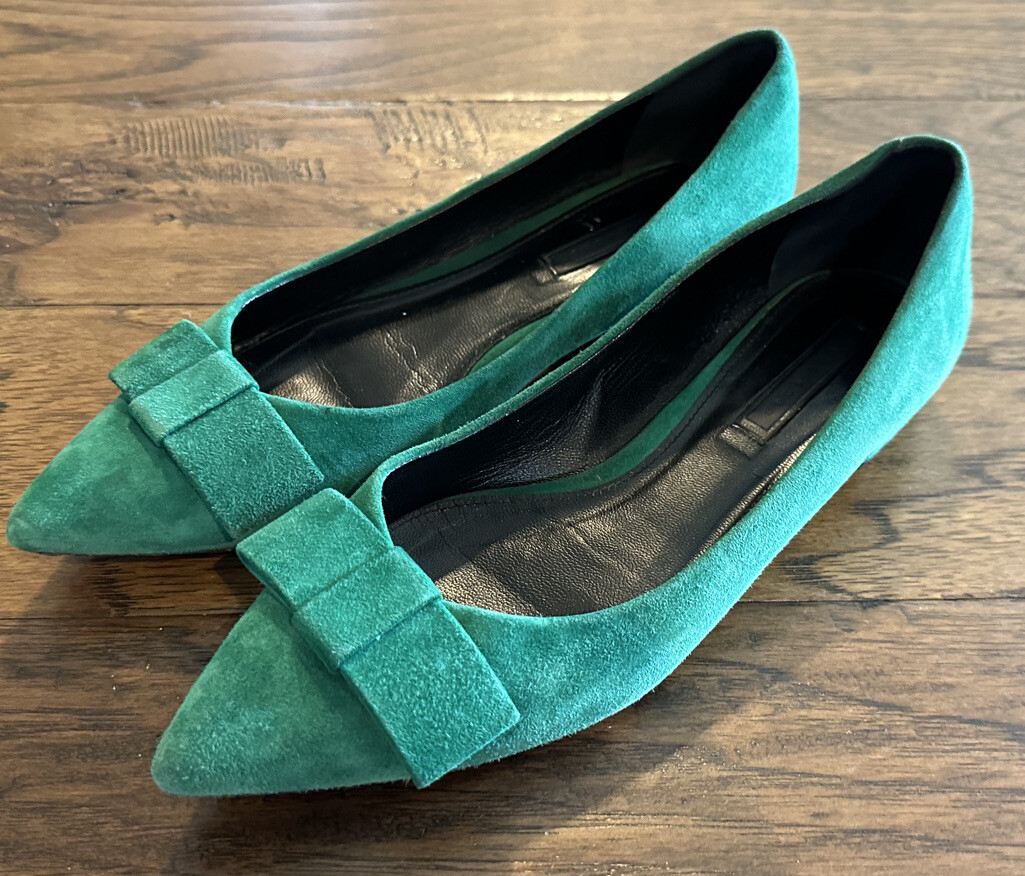 HUGO BOSS Made in Italy Green Suede Flat Bow Pointed … - Gem