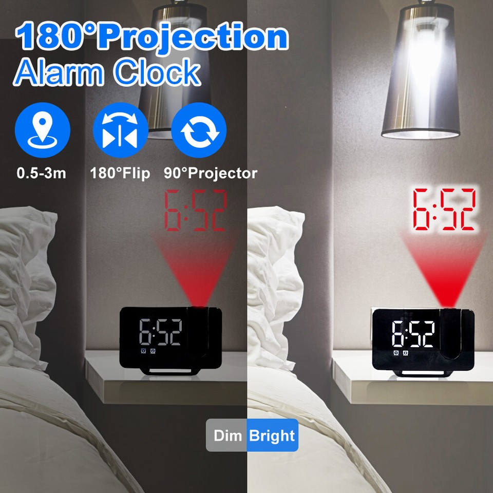 Projection Alarm Clock Large Digital LED Display Alarm Clock Snooze FM ...