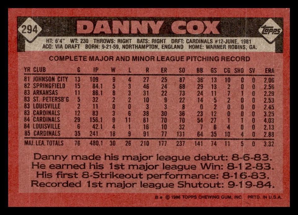 1986 Topps #294 Danny Cox St. Louis Cardinals Baseball Card | eBay