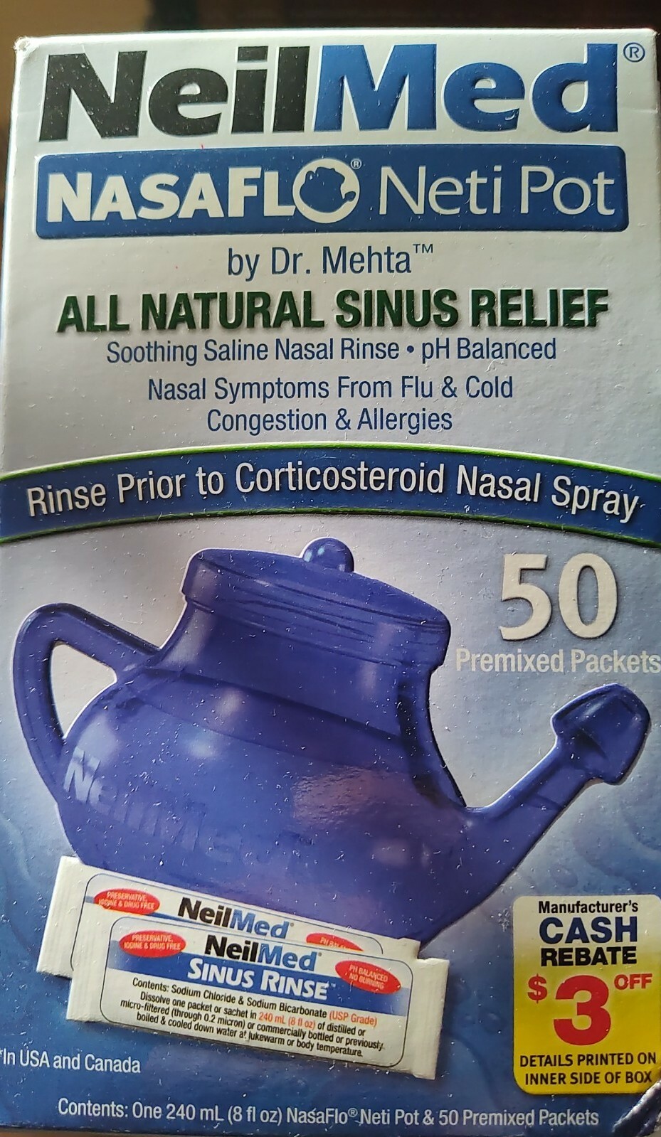NeilMed NasaFlo Neti Pot with 50 Premixed Packets Sinus Relief EXP 07/ ...