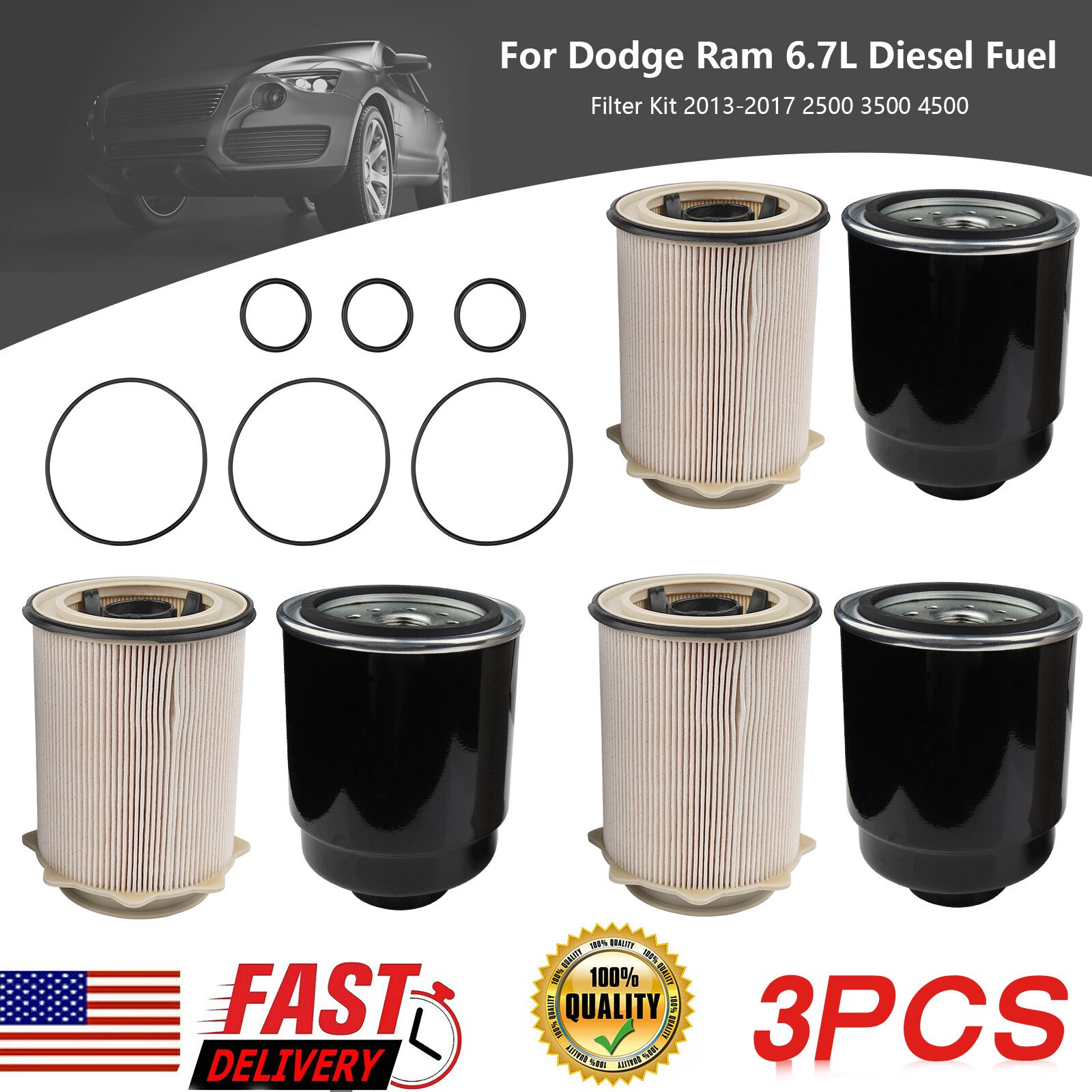 3Sets For Dodge Ram 6.7L Diesel Fuel Filter Kit 2013-2018 2500 3500 ...