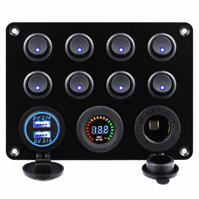 FXC 12V-24V 8 Gang Rocker Switch Panel with Dual USB Power Socket for ...