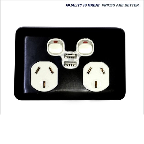 USB TWIN Slimline Power Point BLACK DGPO Fast Charger Wafer Slim Socket ...