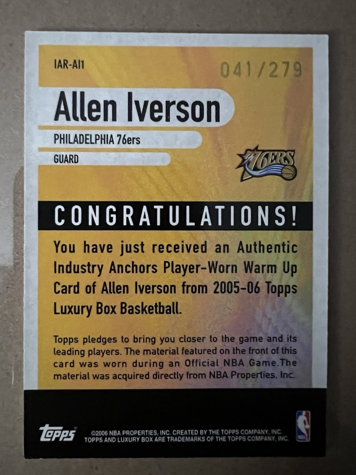 2005-06 Topps Luxury Box #IAR-AI1 Allen Iverson Industry Anchors Warm ...