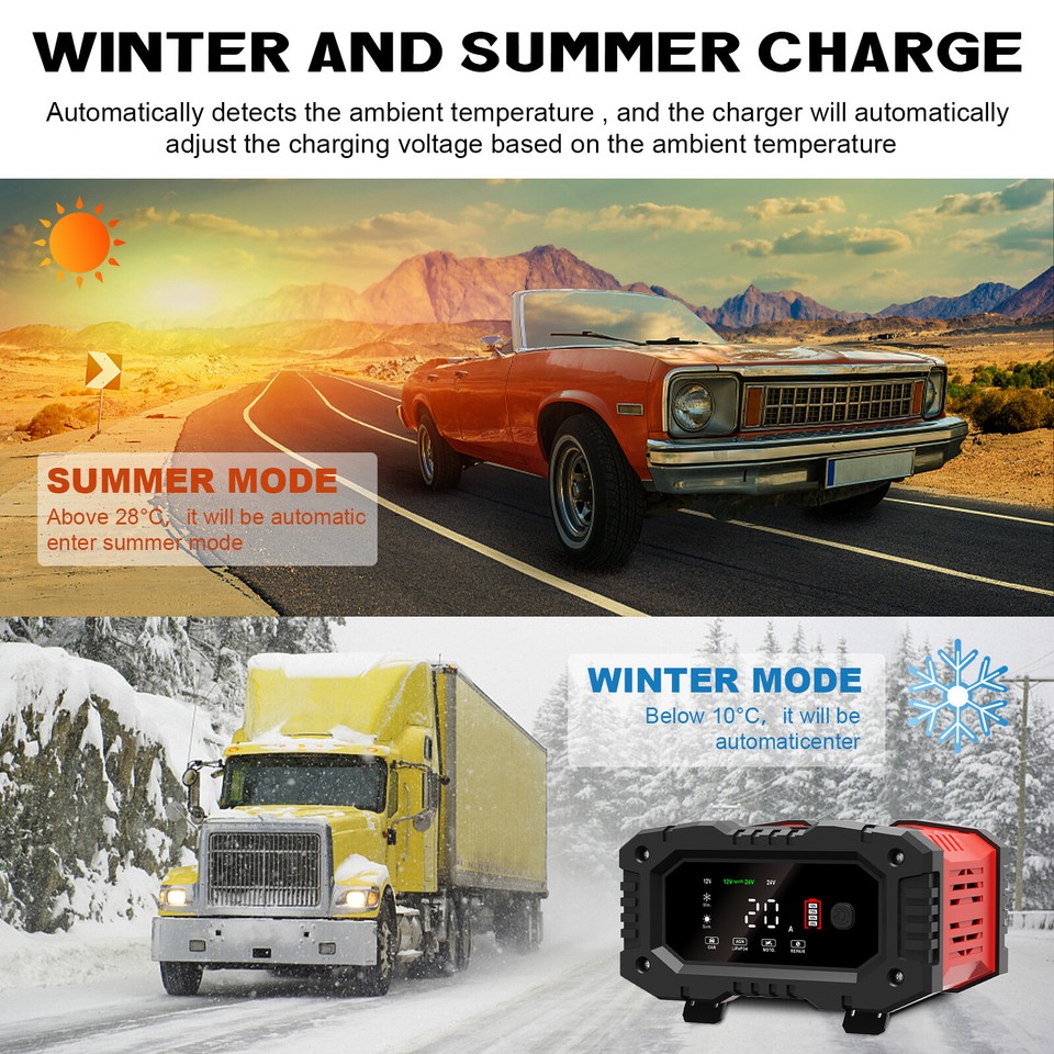 12V/24V Car Battery Charger Portable 20A Smart Intelligent Pulse ...