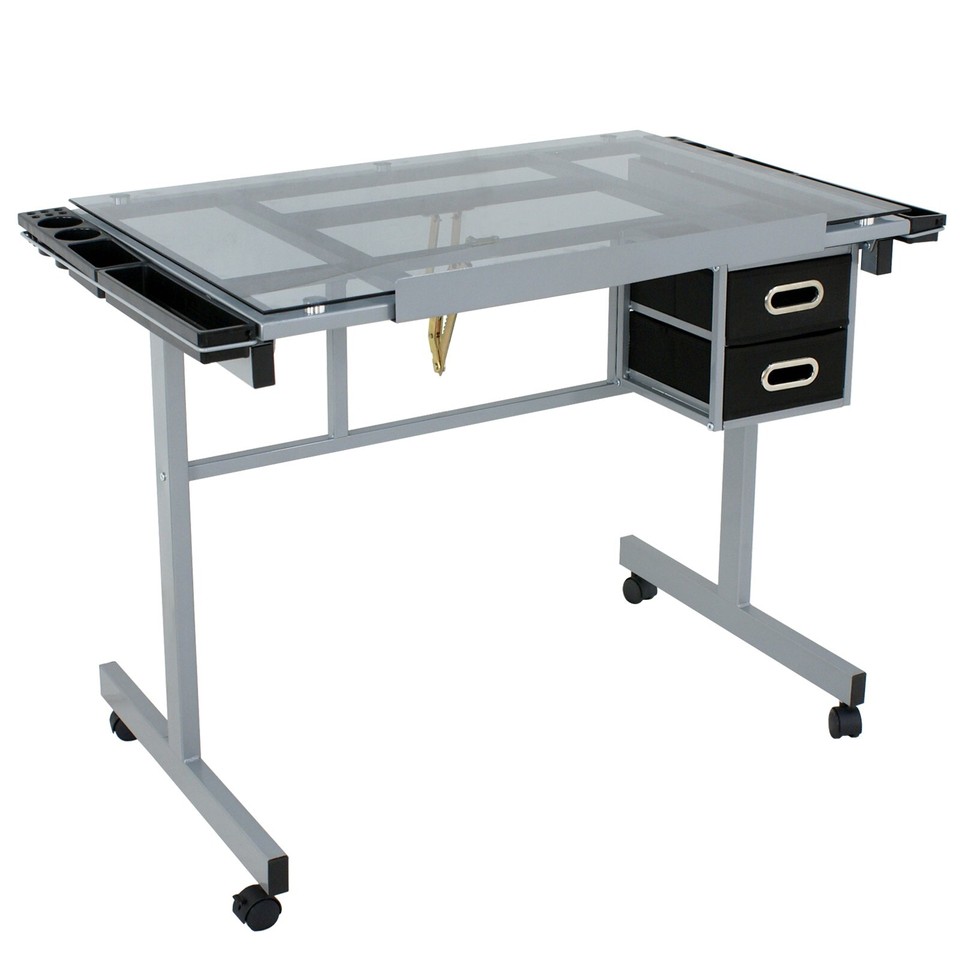 Drafting Table on Wheels Adjustable Glass Tabletop Drawing Desk w ...