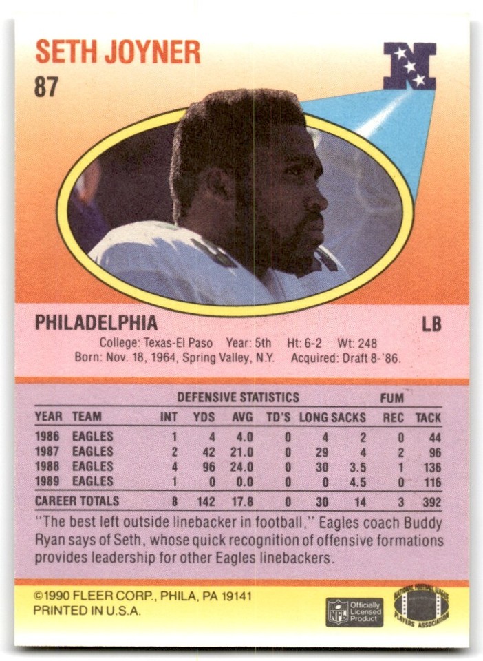 1990 Fleer Seth Joyner Philadelphia Eagles #87 | eBay