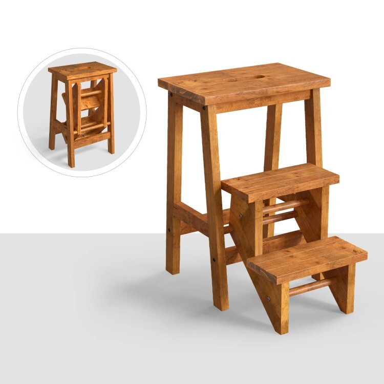 3-in-1 Multifunctional Wood Step Stool Step Ladder Folding w/Convenient ...